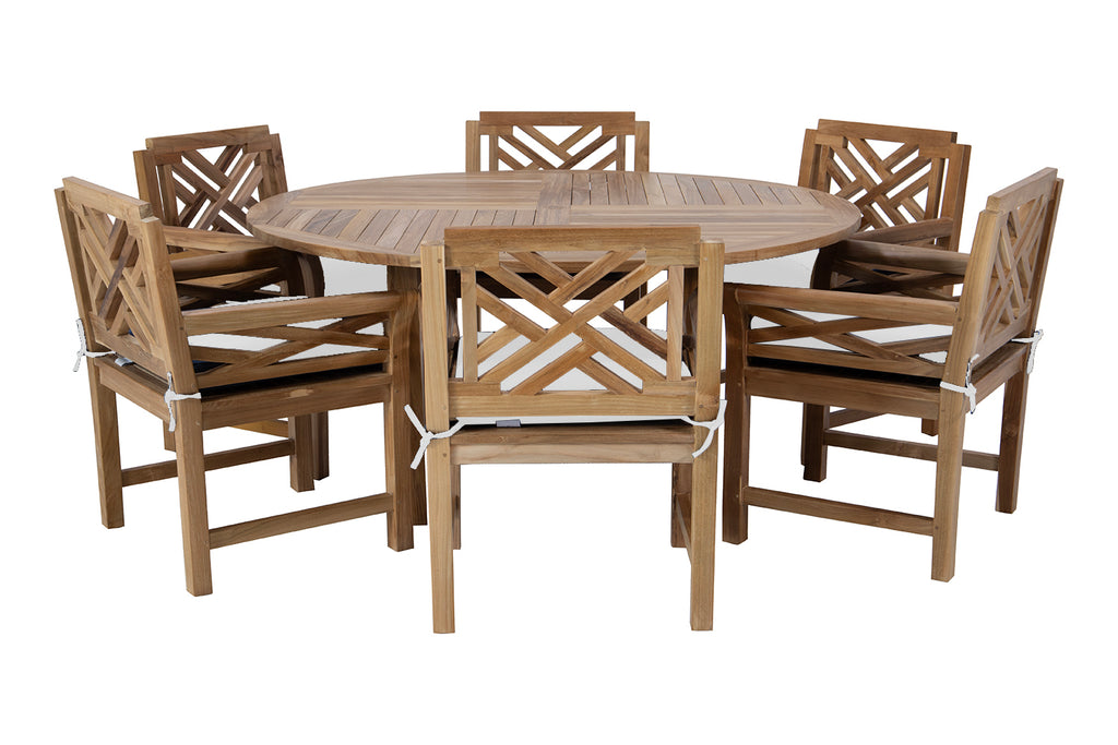 7 pc Monterey Teak Arm Dining Set with 60" Round Dining Table. Sunbrel ...