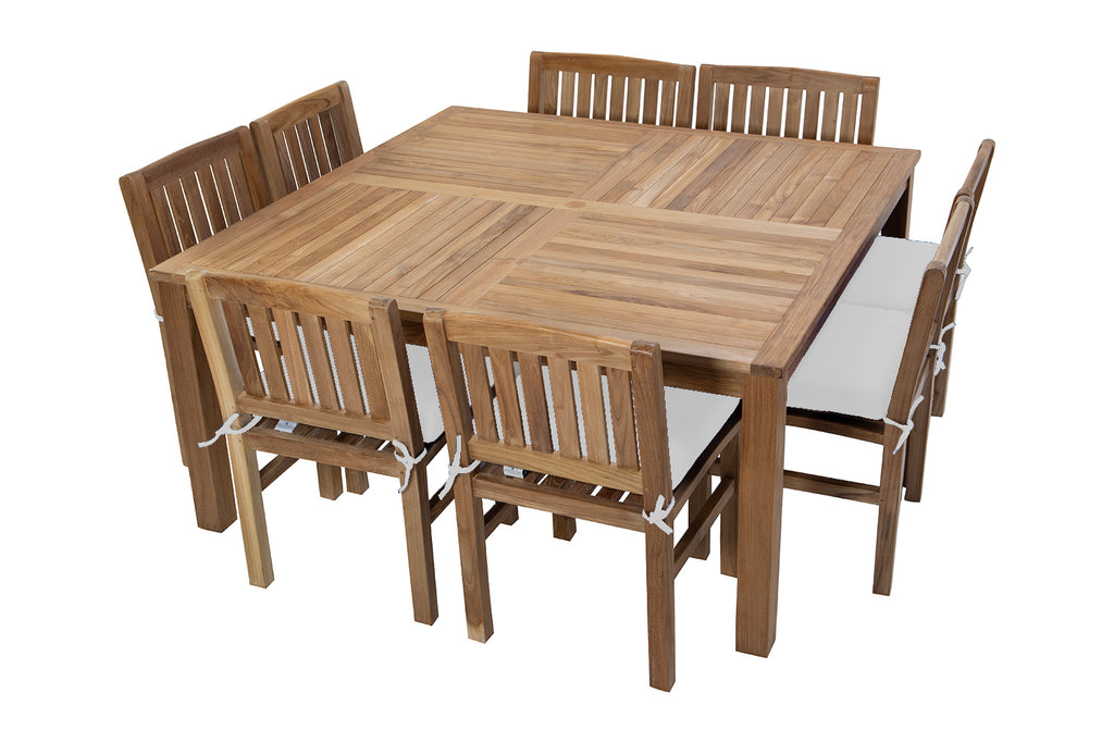 9 pc Huntington Teak Dining Set with 64" Square Dining Table. Sunbrell ...