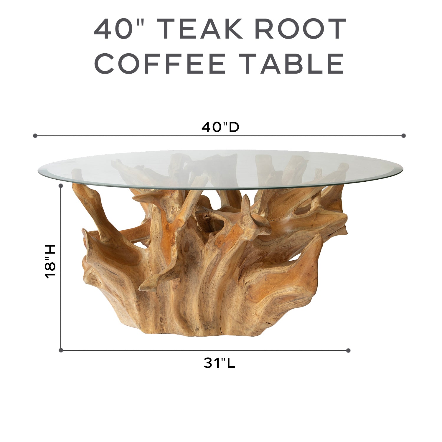 40" Teak Root Coffee Table with Glass Top – Willow Creek Designs